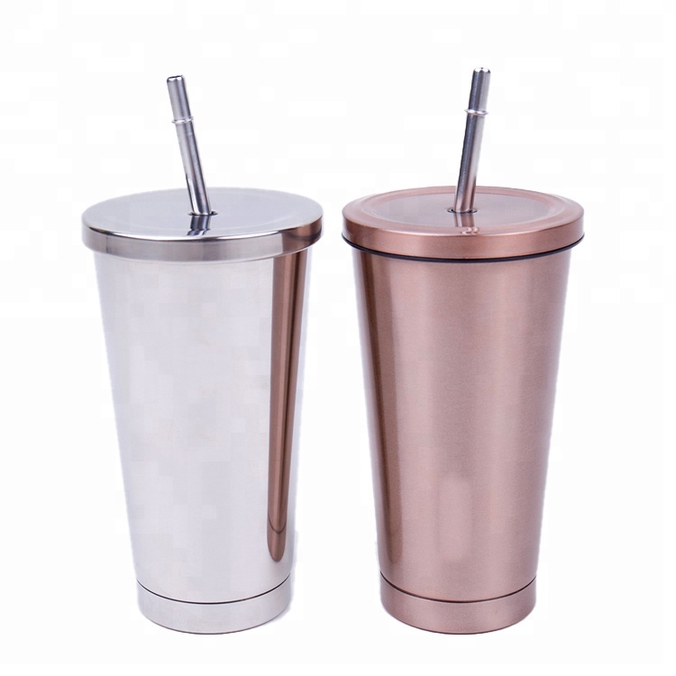New Custom Logo Pink Sliver Couple Coffee Cup With Straw Stainless ...